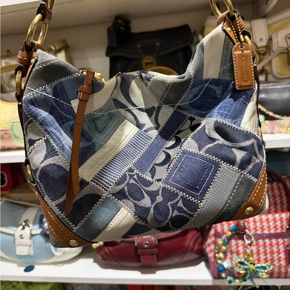 Bags | Coach Denim Carly Patchwork Blue And Brown Hobo | Poshmark